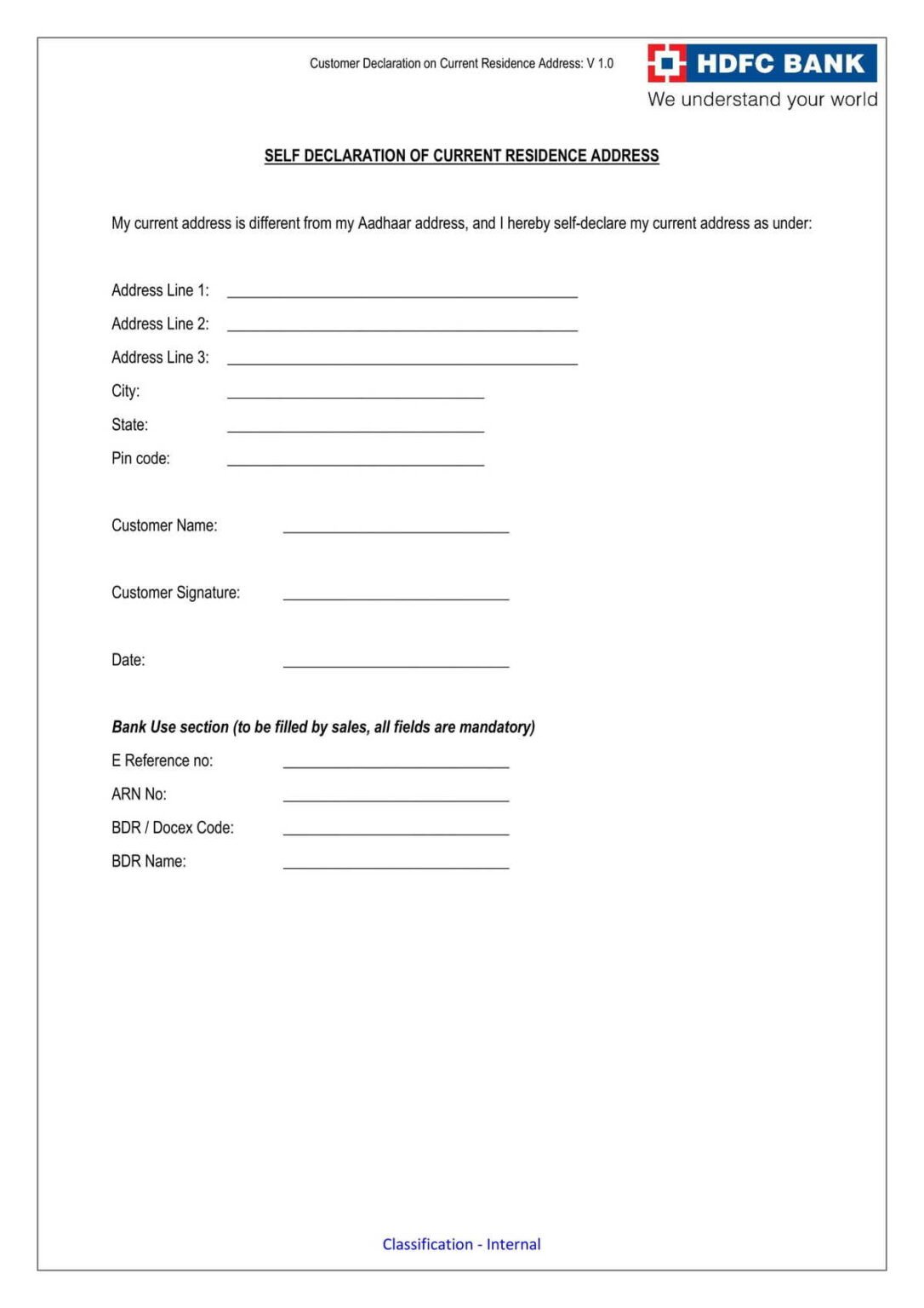 HDFC Bank DBT Consent Form For Aadhar Seeding In PDF Download