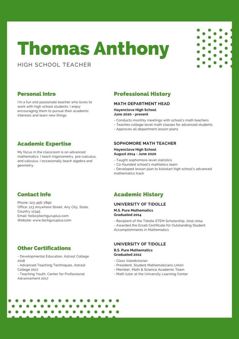 School Teacher Resume 20 Templates Download in Word (.docx)