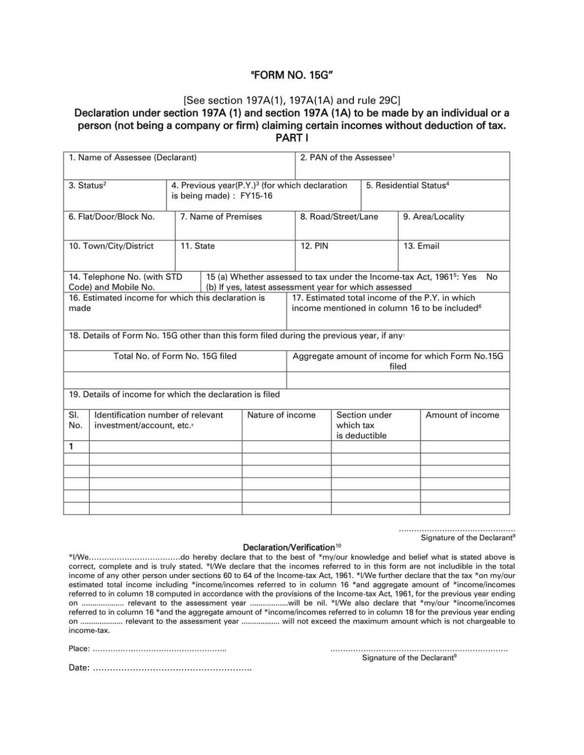 ICICI Bank 15G Form Download in PDF
