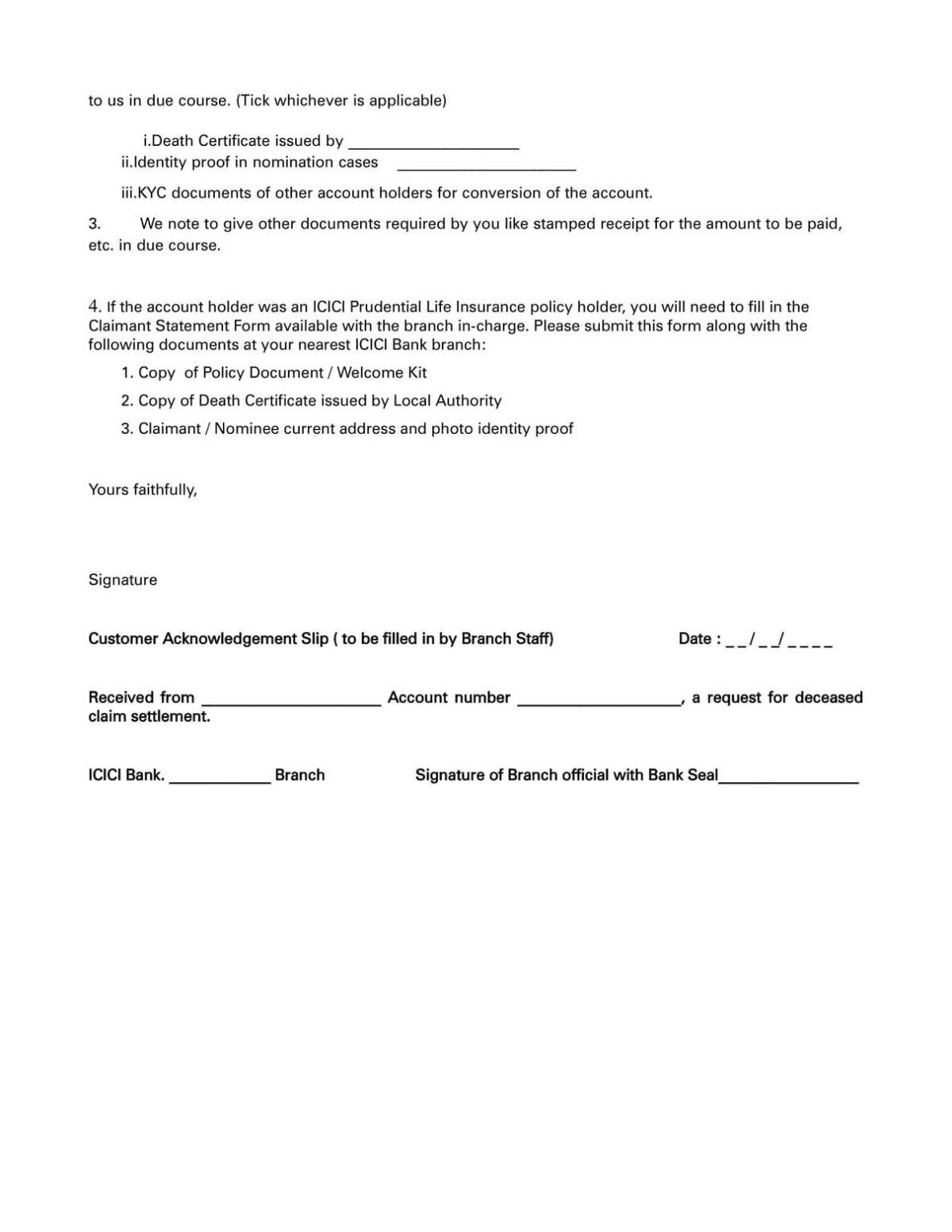 ICICI Bank Deceased Claim Application Form Download in PDF