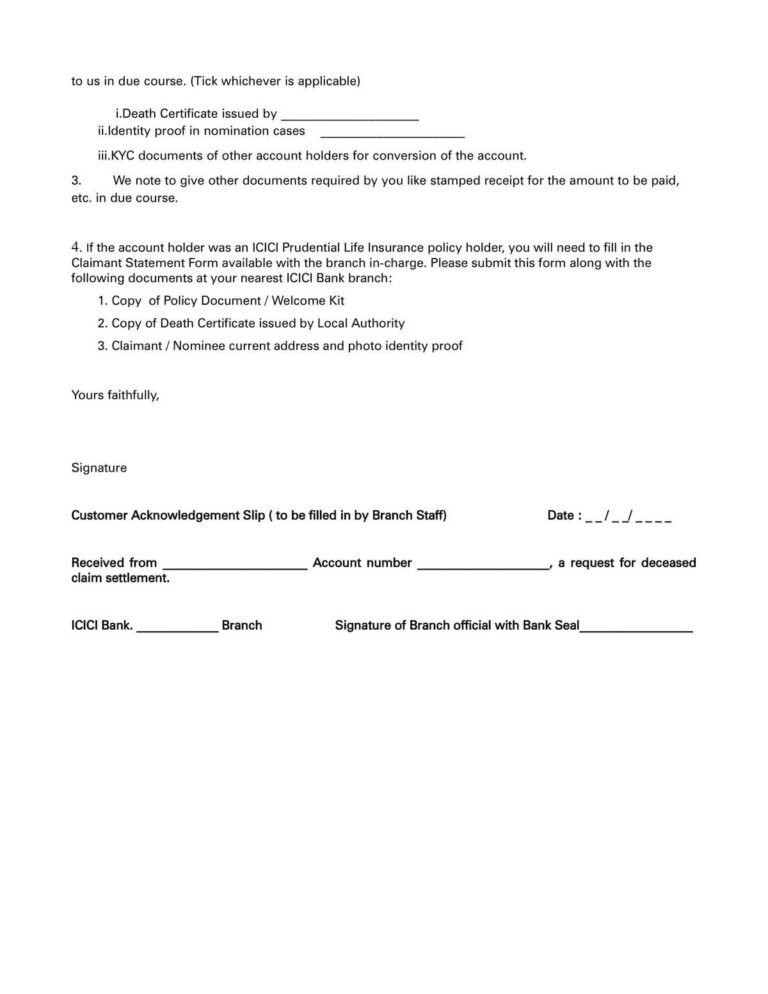 ICICI Bank Deceased Claim Application Form Download in PDF