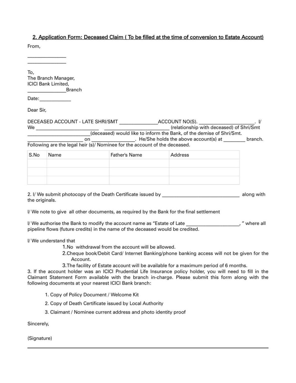 ICICI Bank Deceased Claim Application Form Download in PDF