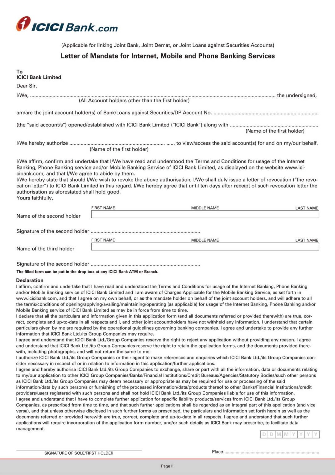 ICICI Bank Online Banking Application Form Download in PDF