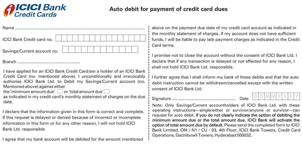 ICICI Bank Credit Card Auto Debit Payment Form Download in PDF