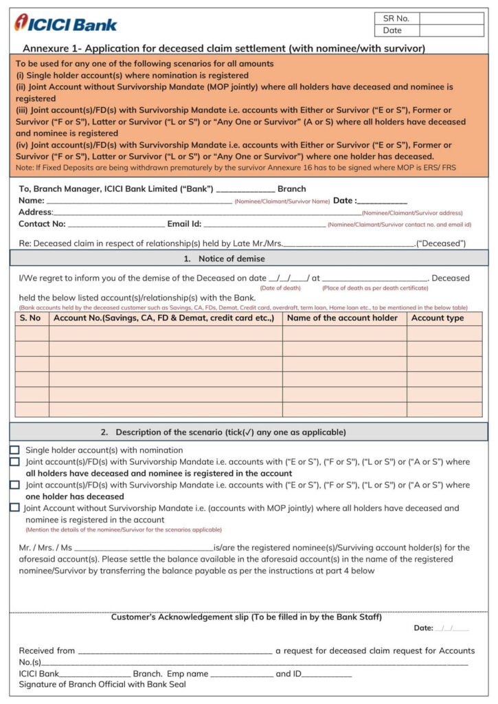 ICICI Bank Deceased Claim Application Form Download in PDF