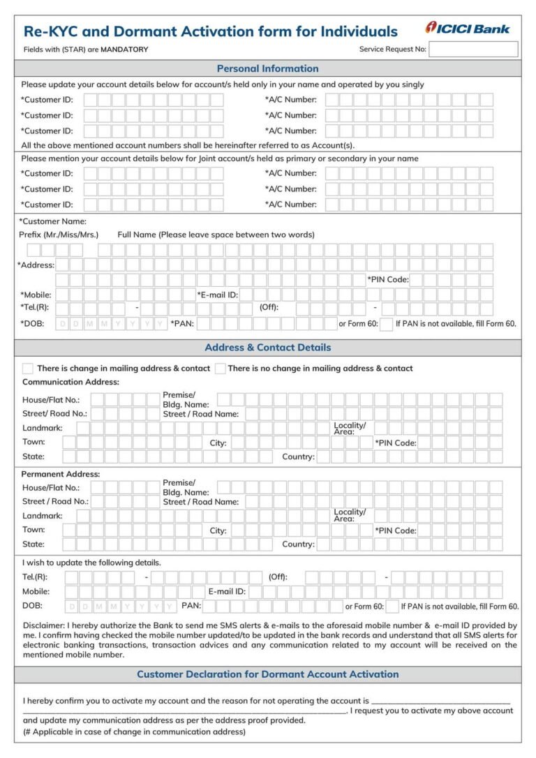 ICICI Bank Joint Holder Customer Relationship Form Download in PDF