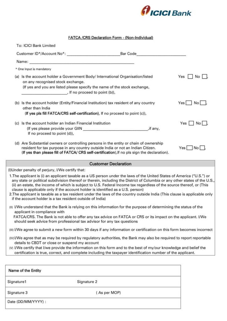 ICICI Bank Non Individual FATCA Declaration Form Download in PDF