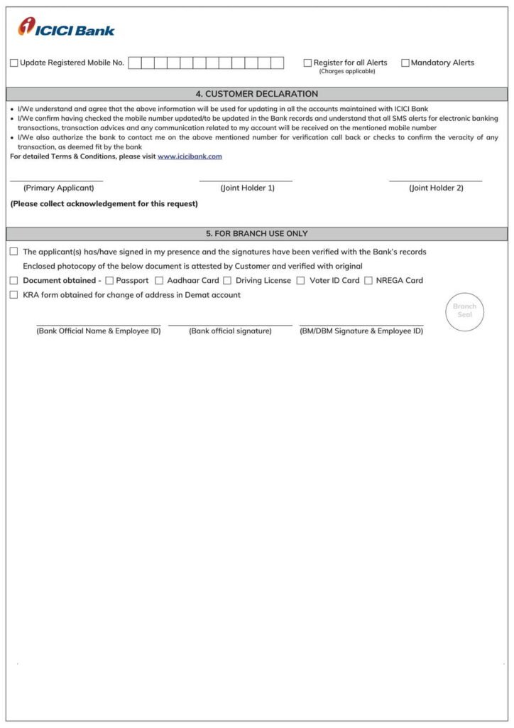 ICICI Bank Resident Customer Address Change Request Form Download in PDF