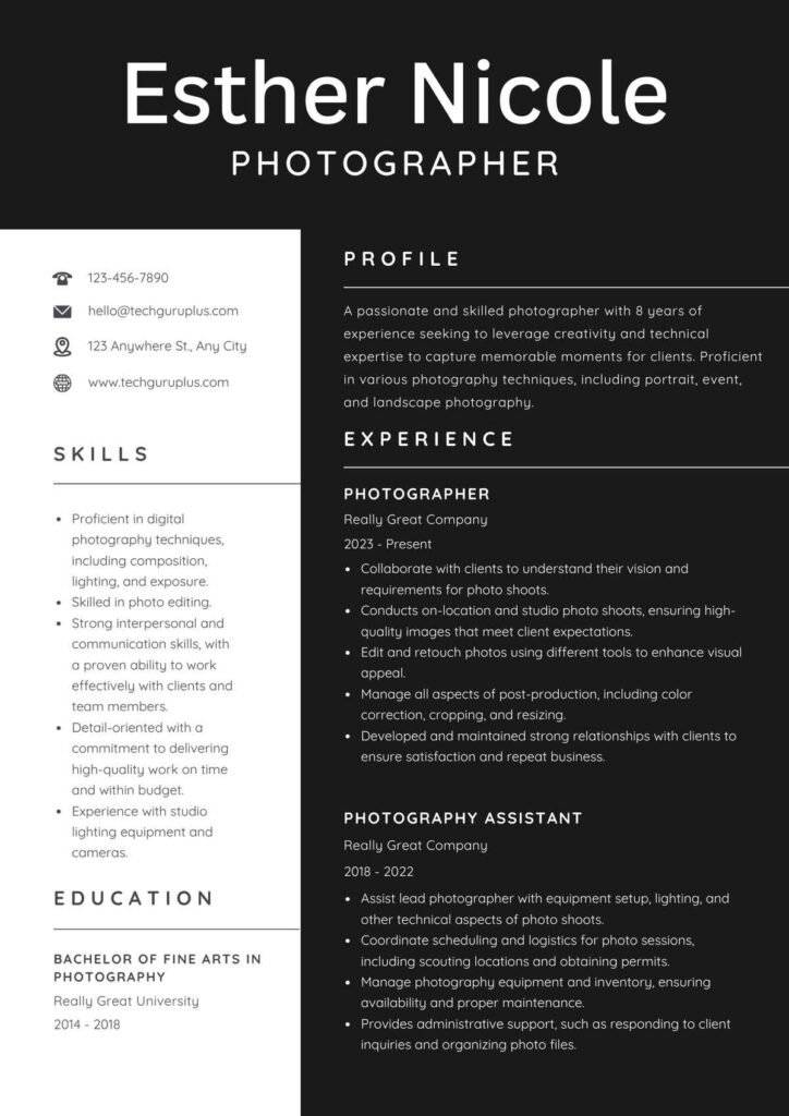 Photographer Resume 20 Templates Download in Word (.docx)