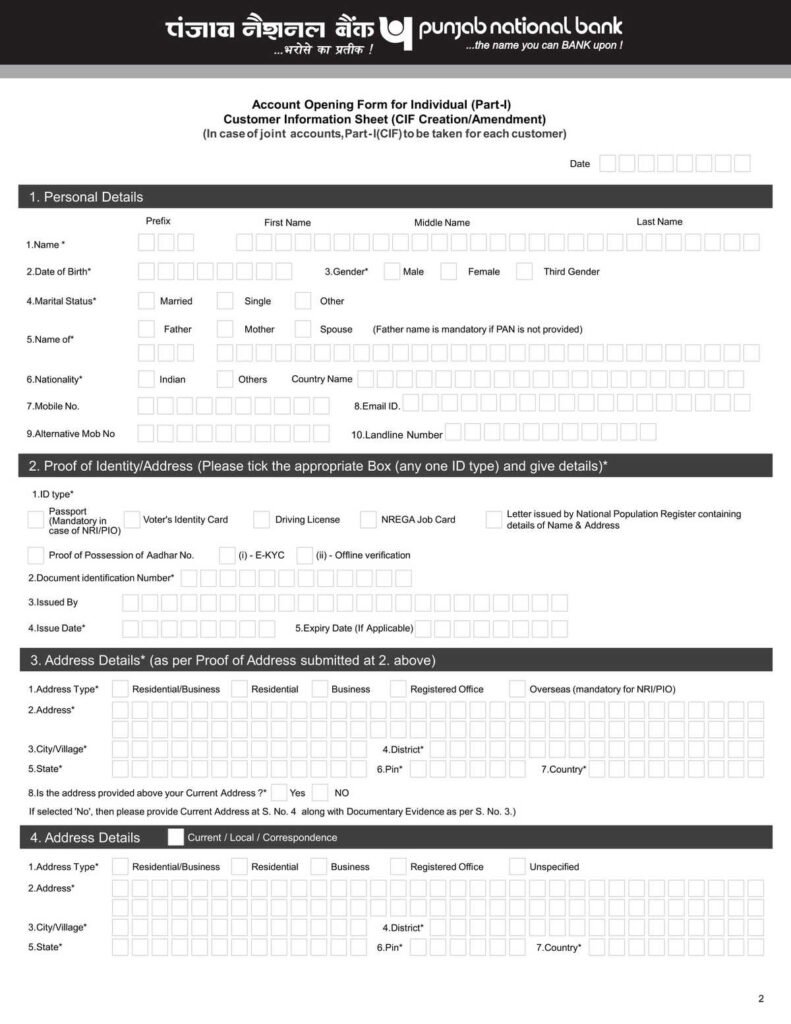 Punjab National Bank Account Opening Form for Individual Download in PDF