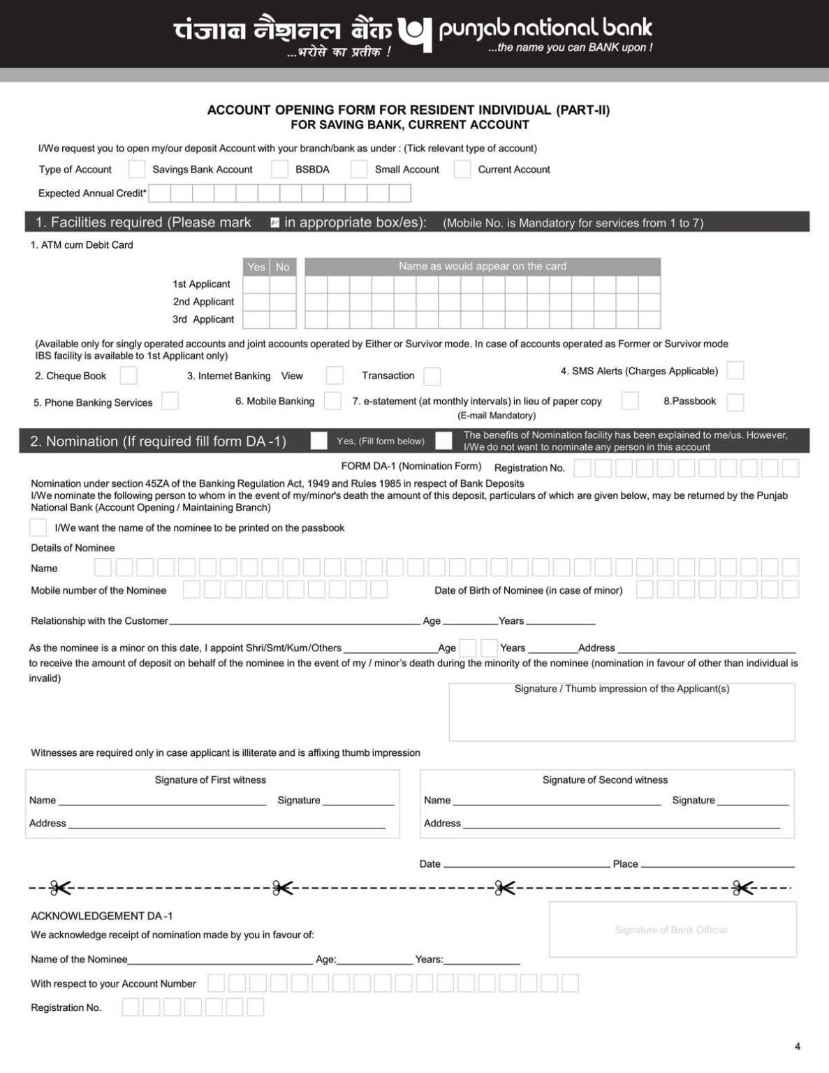 Punjab National Bank Account Opening Form for Individual Download in PDF