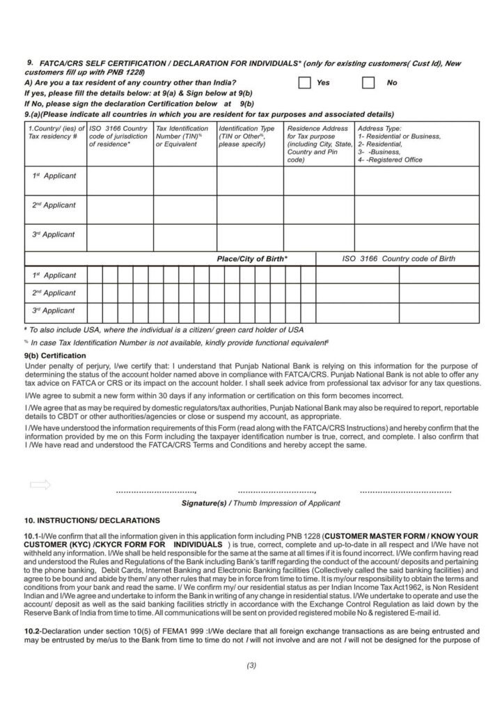 Punjab National Bank Account Opening Form for NRI Download in PDF
