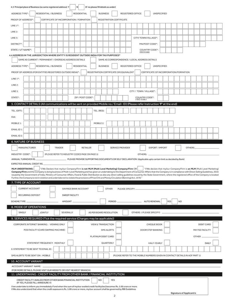 Punjab National Bank Account Opening Form for Non Individual Download ...