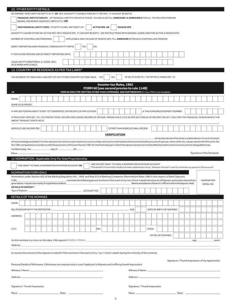 Punjab National Bank Account Opening Form for Non Individual Download ...
