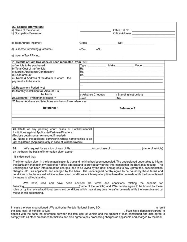 Punjab National Bank Application Form For Two Wheeler Loan Download in PDF