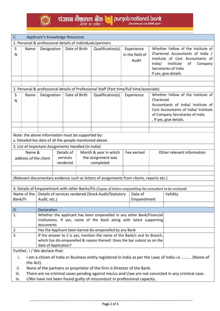 Punjab National Bank Application Forms For Empanelment Download in PDF