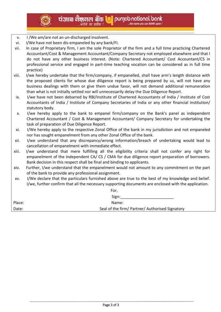 Punjab National Bank Application Forms For Empanelment Download in PDF