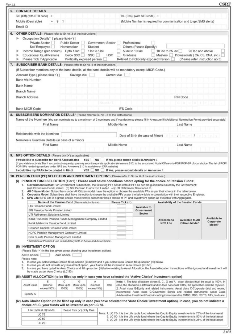 Punjab National Bank NPS Account Opening Form Download in PDF