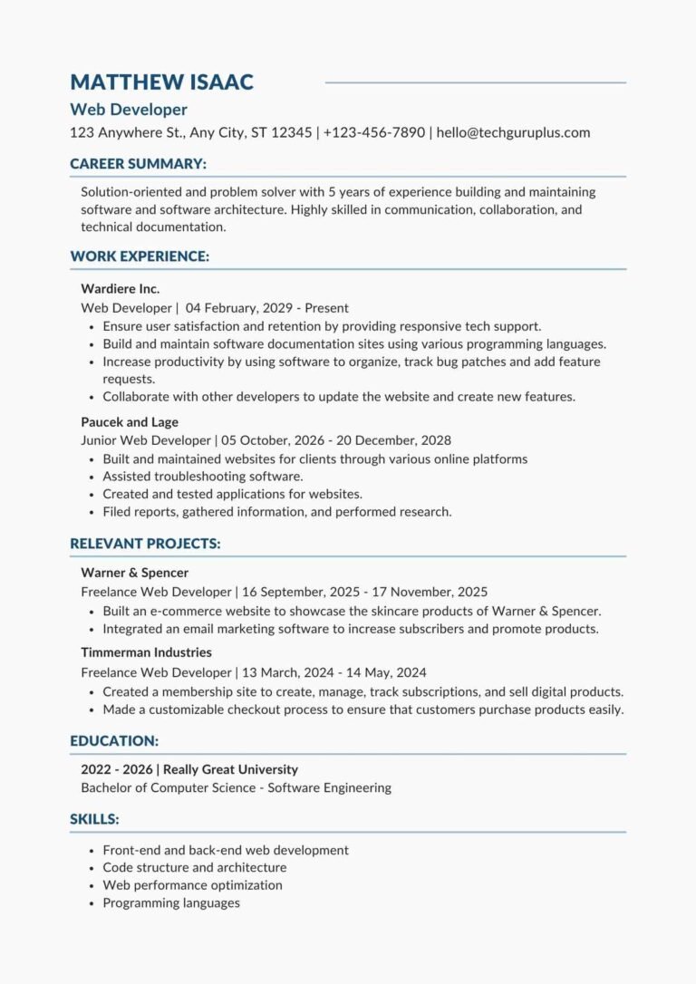 Web Developer Resume 20 Templates Download in Word (.docx)