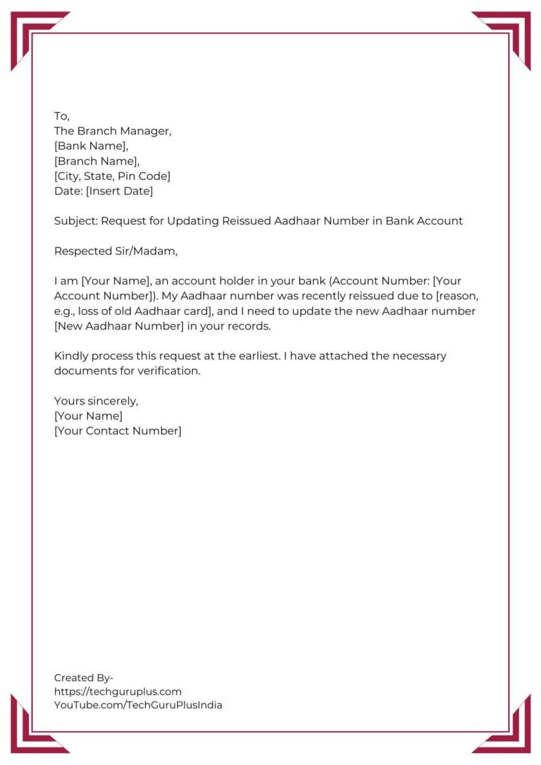 Application for Updating Aadhaar Number in Bank Account [5 Format]