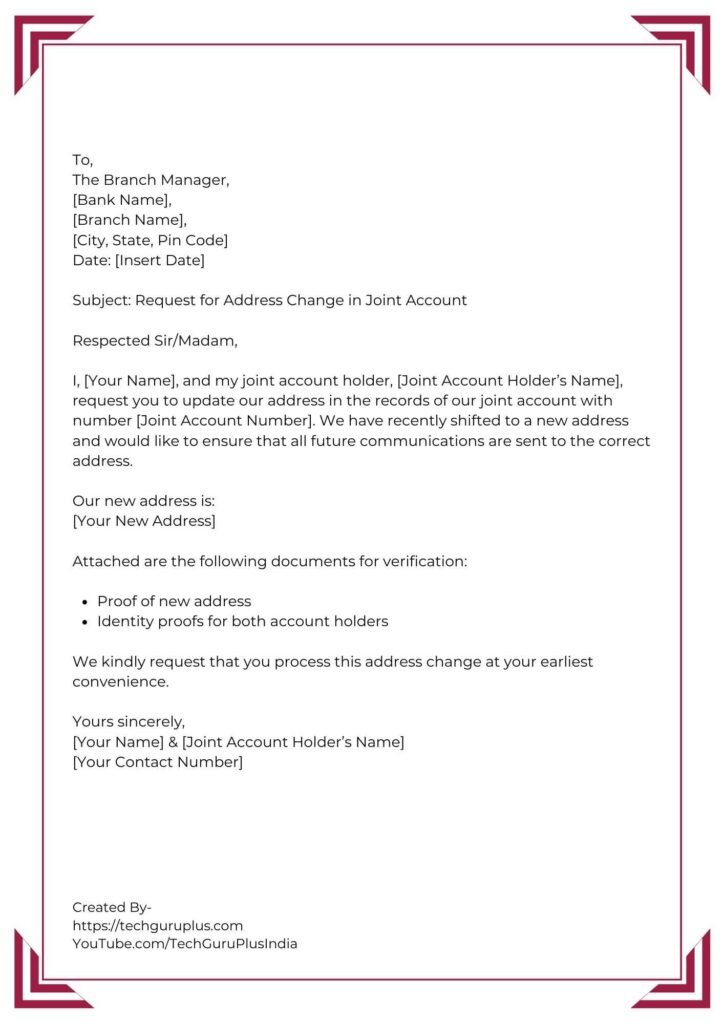Application for Address Change in Bank Account [5 Format]