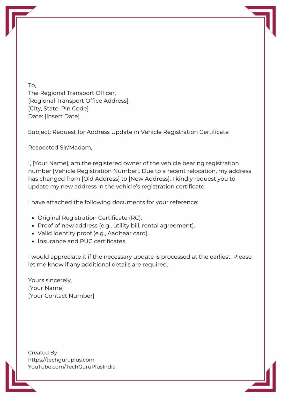 Application for Vehicle Registration Details Update [5 Format]