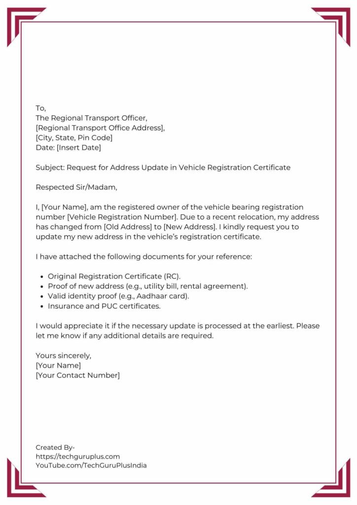 Application for Vehicle Registration Details Update [5 Format]