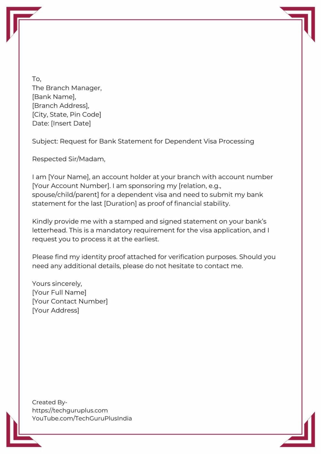 Application for Requesting Bank Statement for Visa Processing [5 Format]