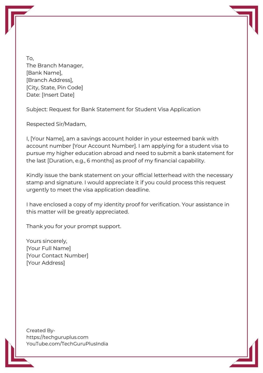 Application for Requesting Bank Statement for Visa Processing [5 Format]