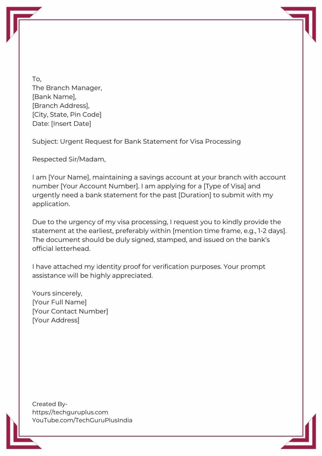 Application for Requesting Bank Statement for Visa Processing [5 Format]