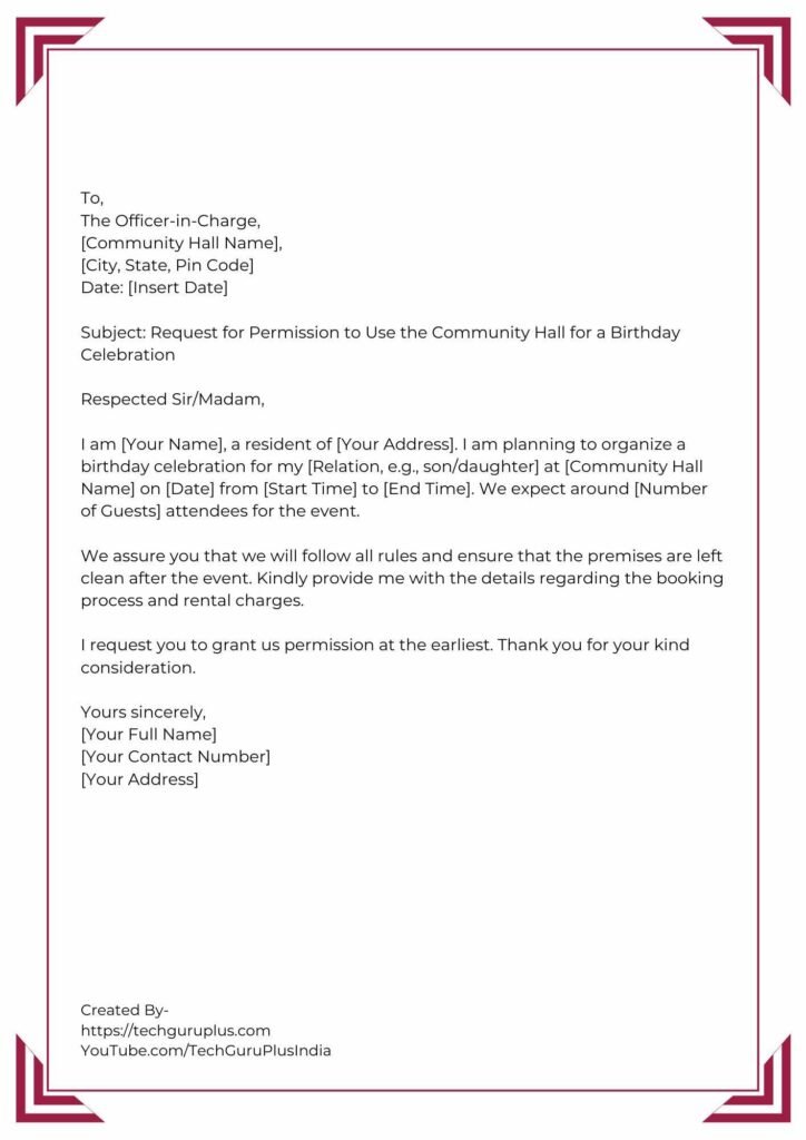 Application for Permission to Use a Community Hall [5 Format]