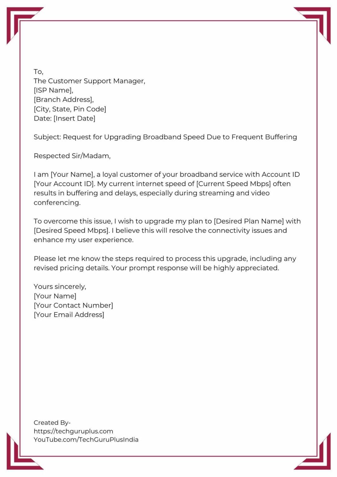 Application for Upgrading Broadband Internet Speed [5 Format]