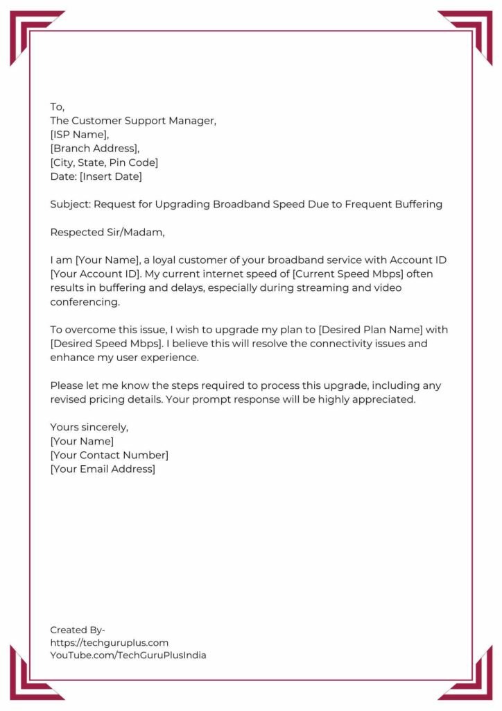 Application for Upgrading Broadband Internet Speed [5 Format]