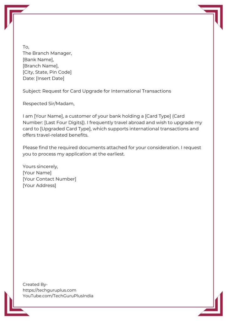 Application for Upgrading Debit/Credit Card Type [5 Format]