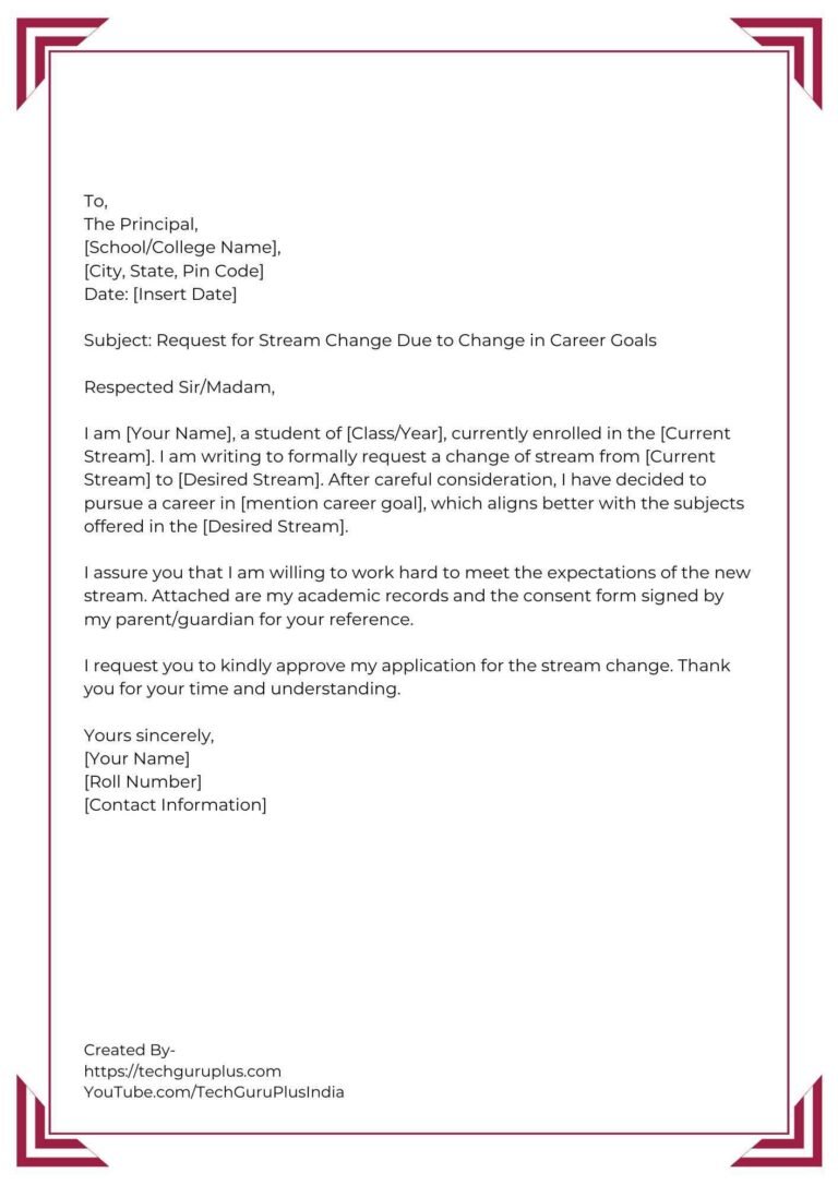 Application for Change of Stream in School/College [5 Format]