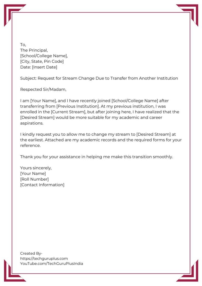 Application for Change of Stream in School/College [5 Format]