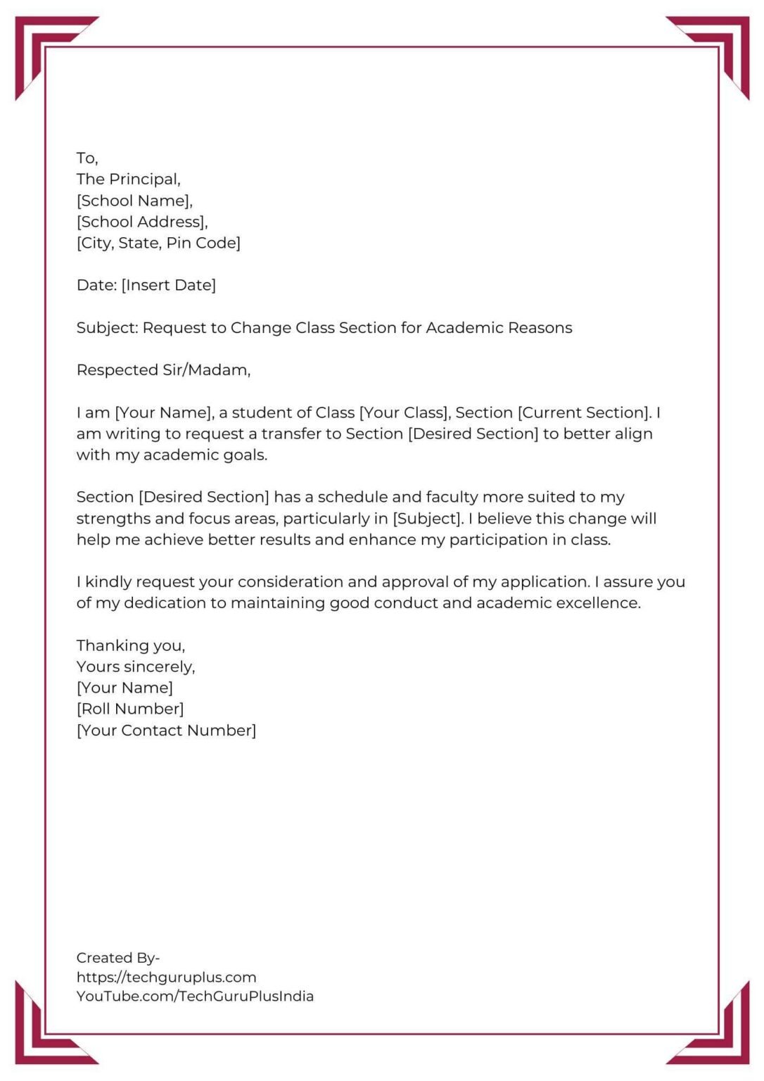 Application for Changing Class Section of School/College [5 Format]