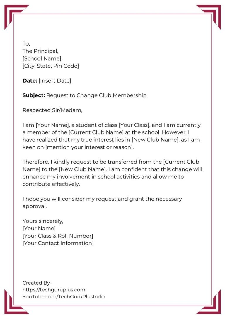 Application for Changing Club Membership in School [5 Formats]