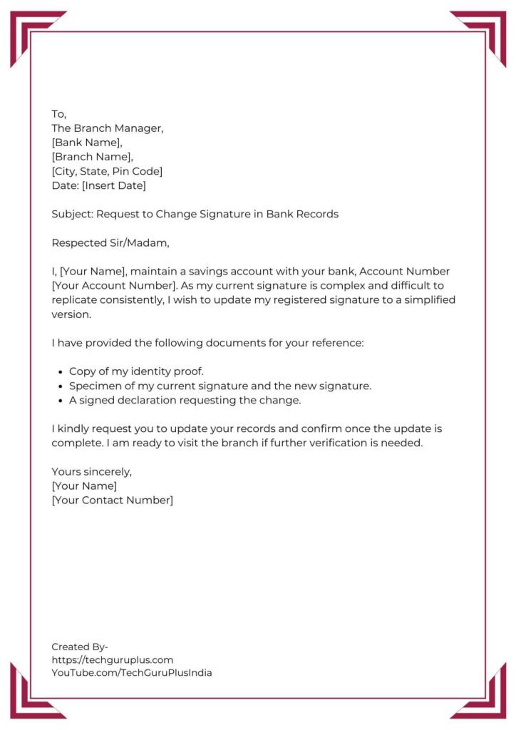 Application for Changing Signature in Bank Records [5 Format]