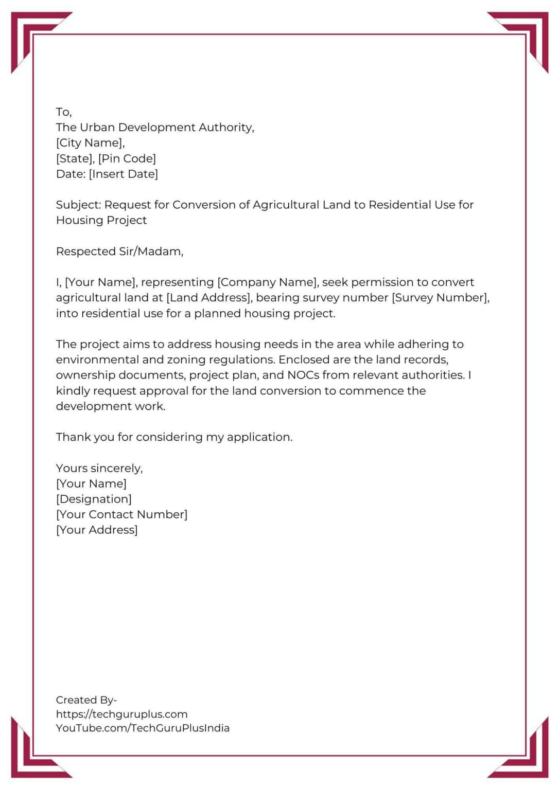 Application for Converting Agricultural Land to Residential Use [5 Format]