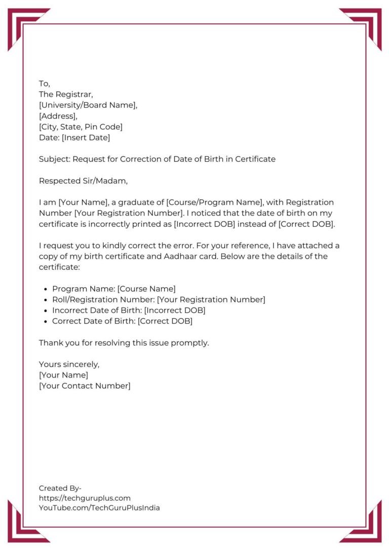 Application for Correction in Marksheet/Certificate [5 Format]