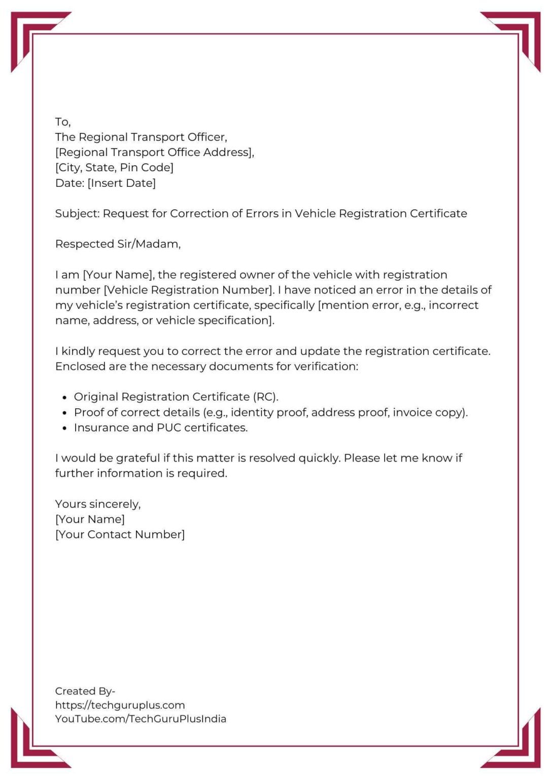 Application for Vehicle Registration Details Update [5 Format]