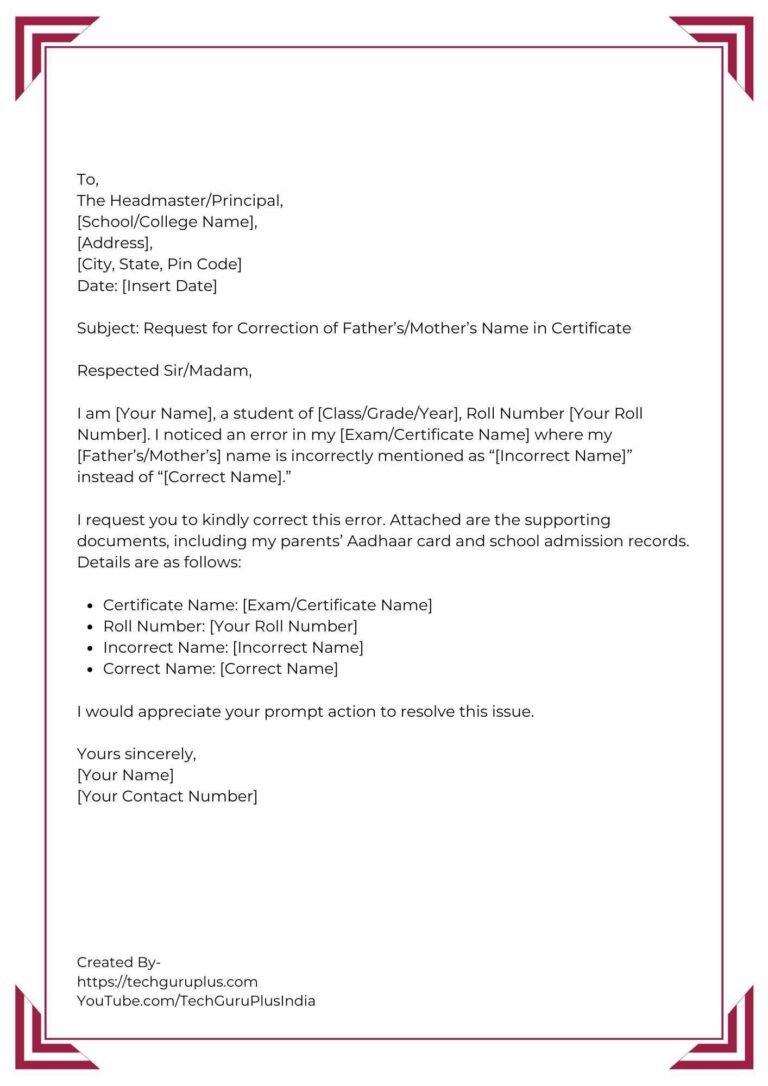 Application for Correction in Marksheet/Certificate [5 Format]