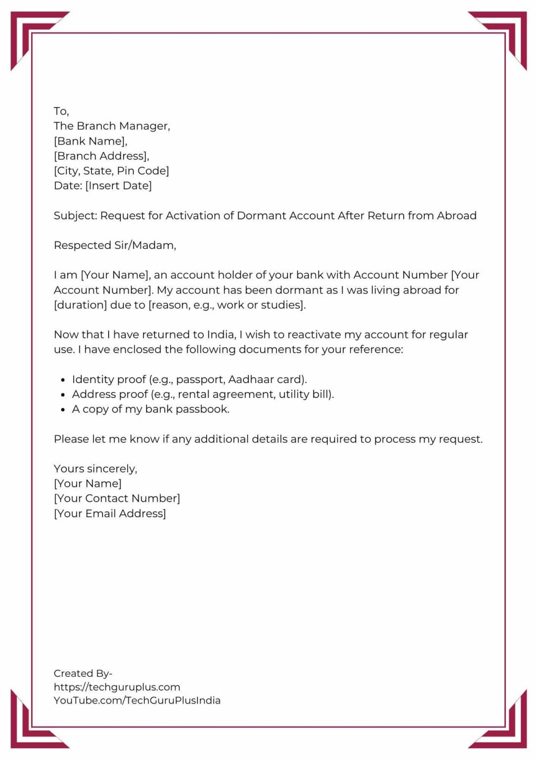 Application for Bank Account Dormancy Activation [5 Format]