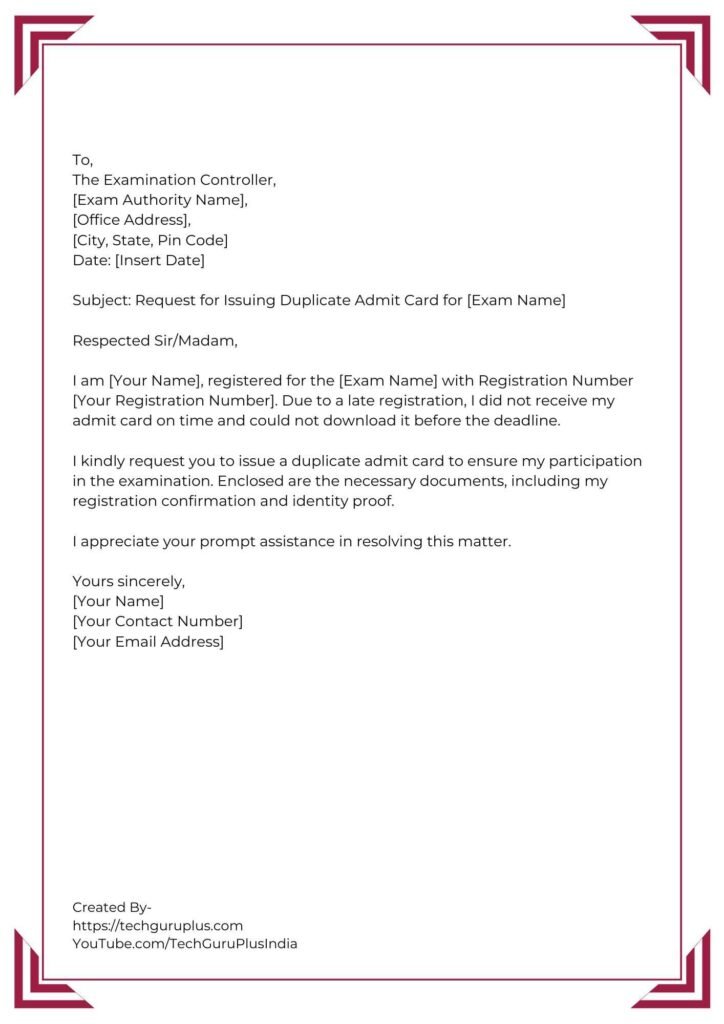 Application for Issuing Duplicate Admit Card for Exams [5 Format]