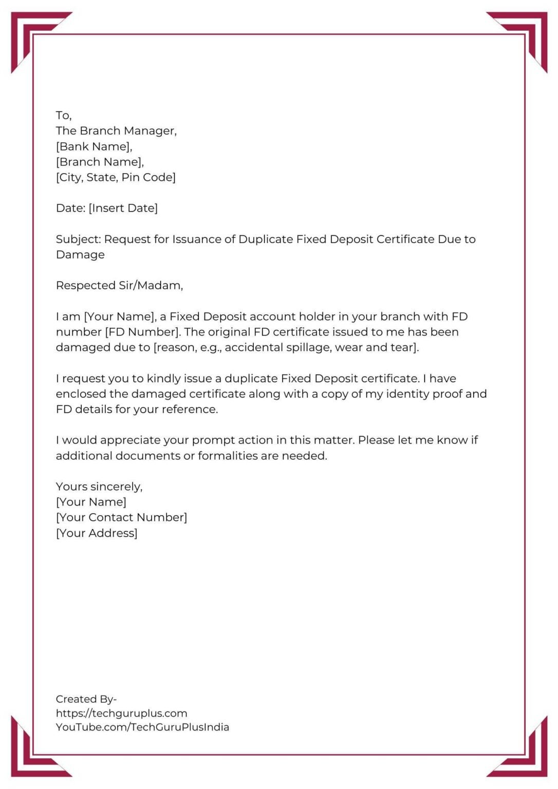 Application for Issuance of Duplicate Fixed Deposit Certificate[5 Format]