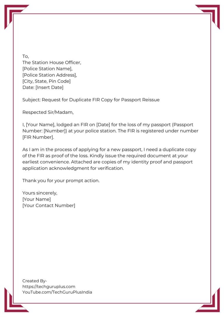 Application for Issuance of a Duplicate Police FIR Copy [5 Format]