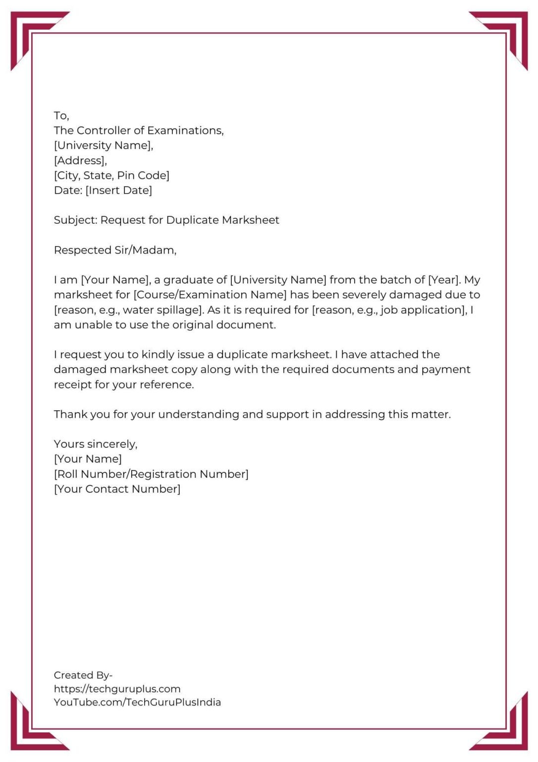 Application for Duplicate Marksheet in School/College [5 Format]