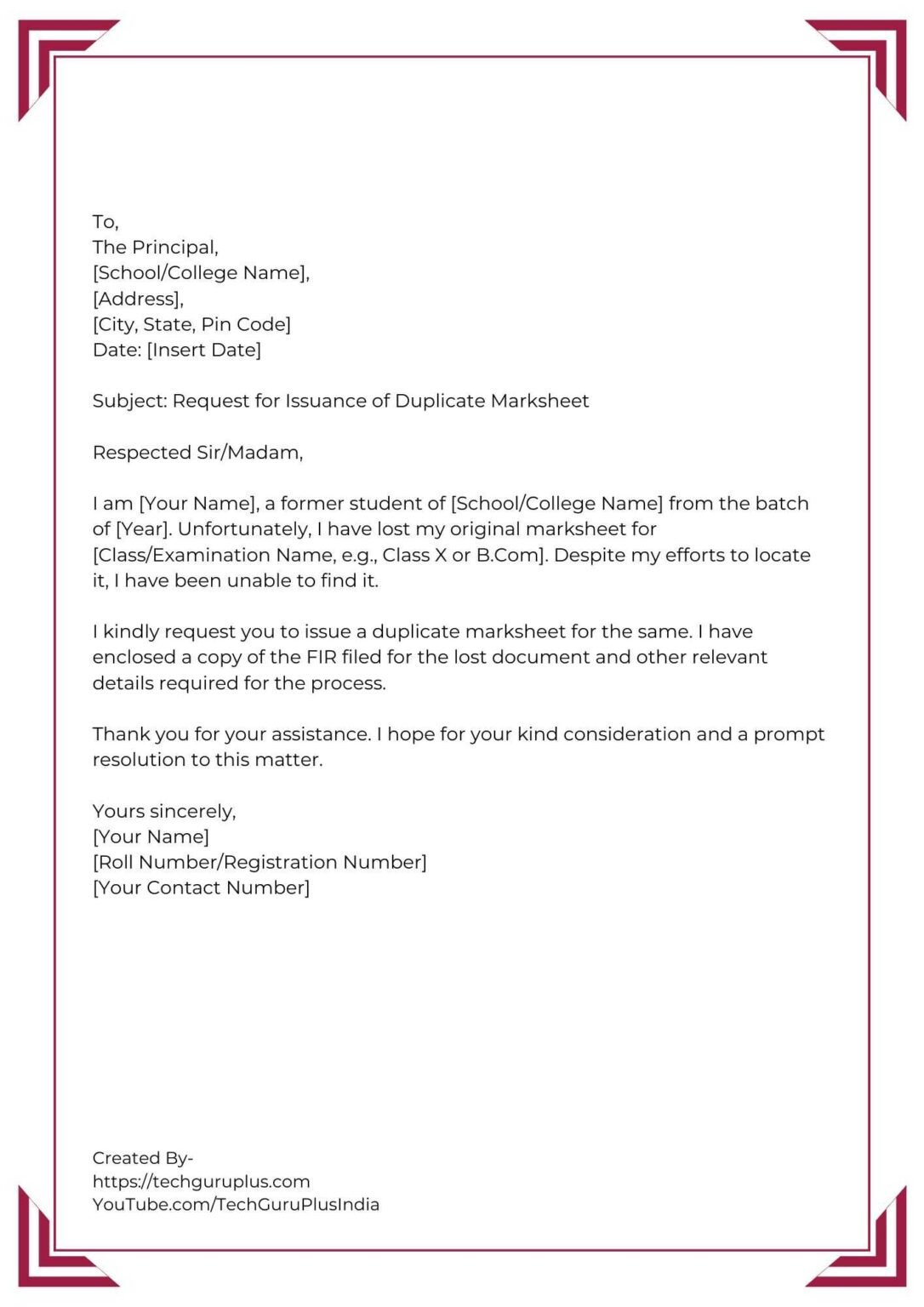 Application for Duplicate Marksheet in School/College [5 Format]