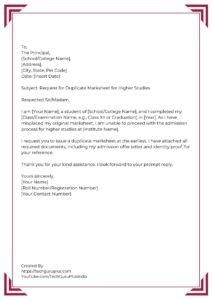 Application for Duplicate Marksheet in School/College [5 Format]